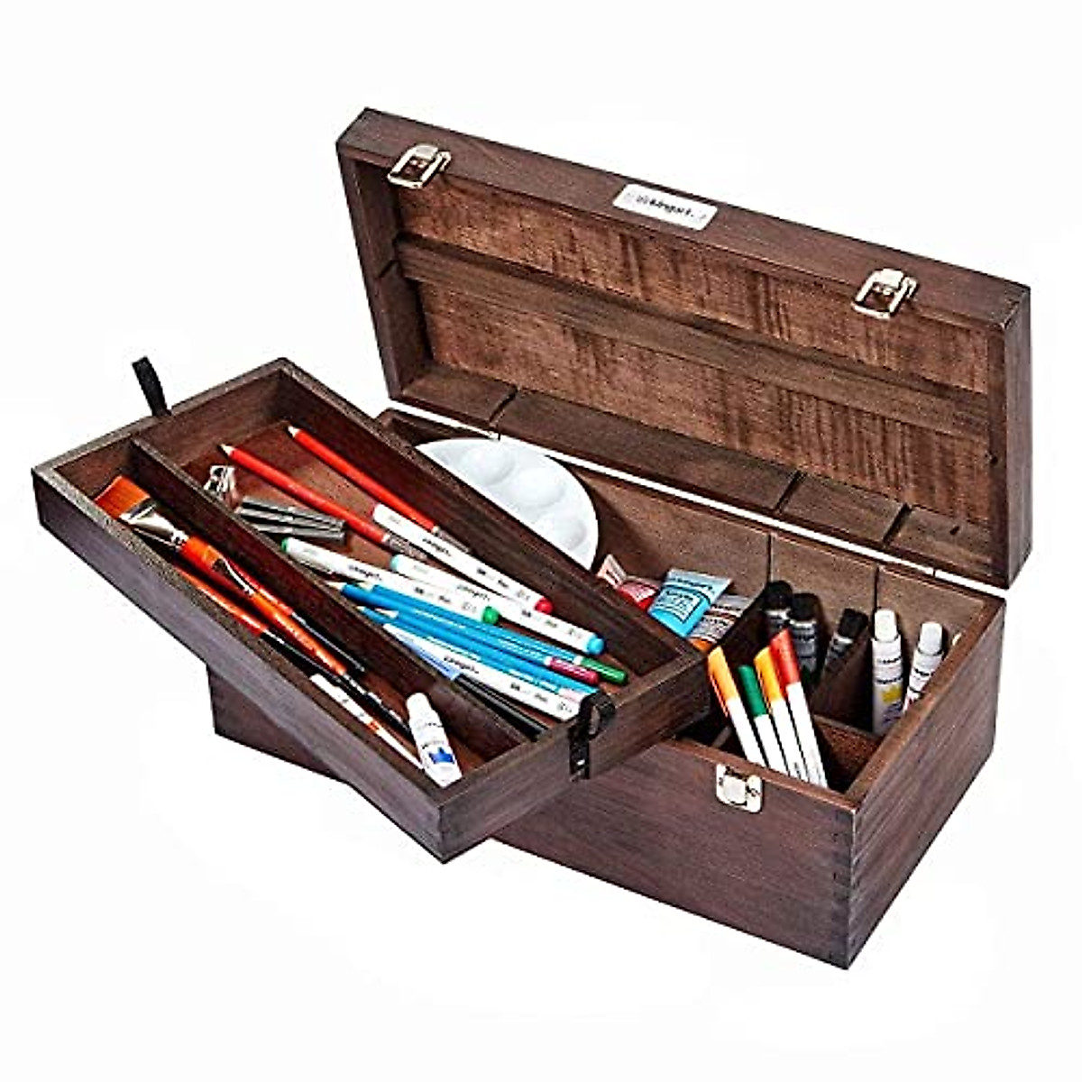 KINGART Artist Wood Pastel, Pen, Marker Portable Storage Box Organizer with Drawer, Tool Box Espresso Finish