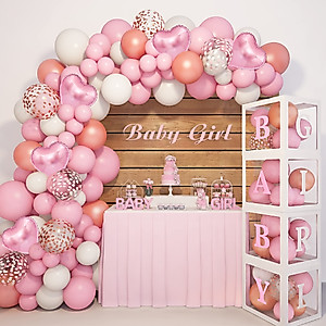 Amandir 143pcs Baby Boxes Pink Baby Shower Decorations for Girl, Rose Gold Pink Balloons Garland Kit Baby Boxes with Letters (A-Z+Baby+Girl) for Baby Shower Girl Birthday Gender Reveal Party Supplies