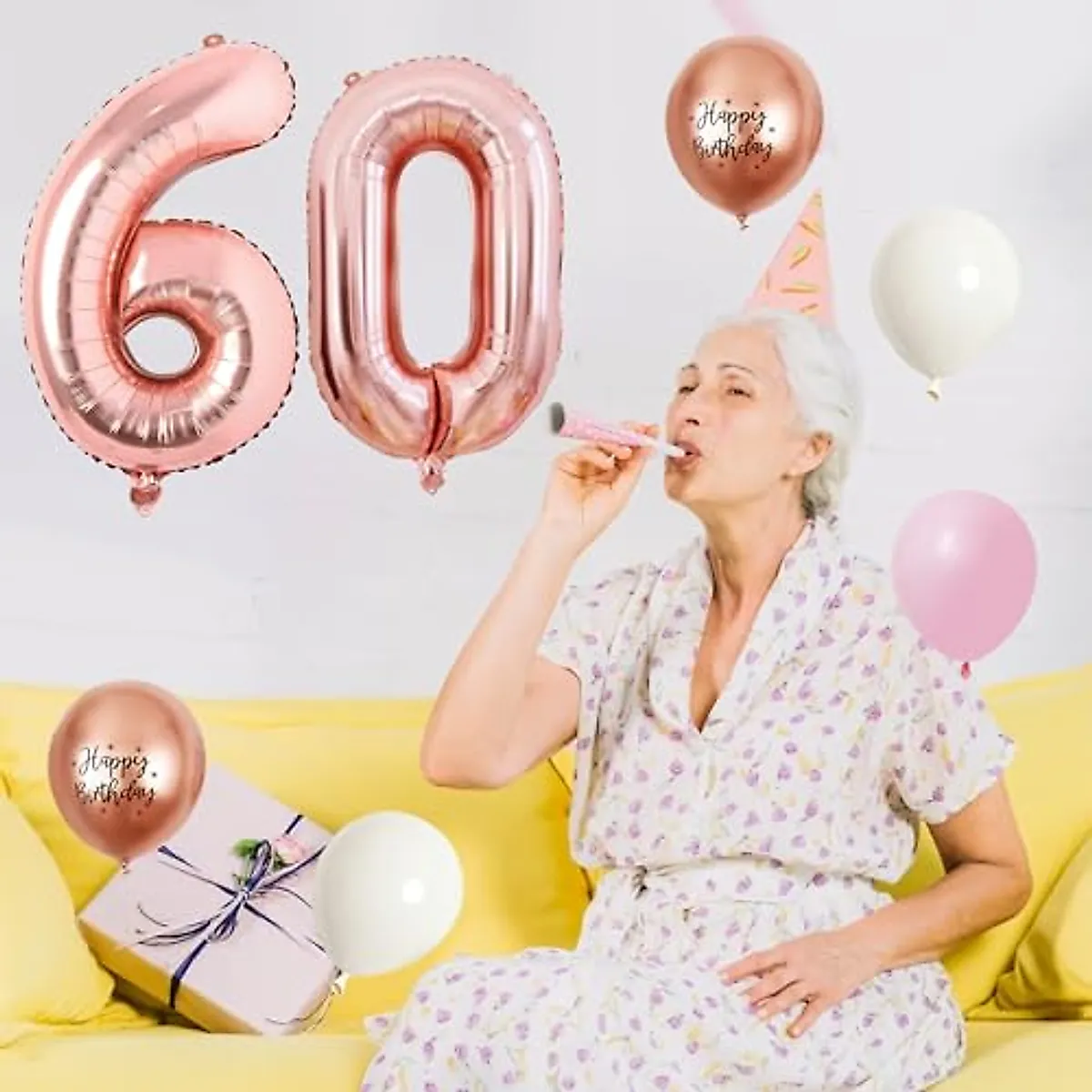 Funhot 40 Inch Rose Gold Number 60 Balloon, 60th Birthday Balloons, Rose Gold Birthday Print Matt White Pink Latex Balloons Giant 60 Foil Balloons for Women 60th Birthday Party Decoration Anniversary