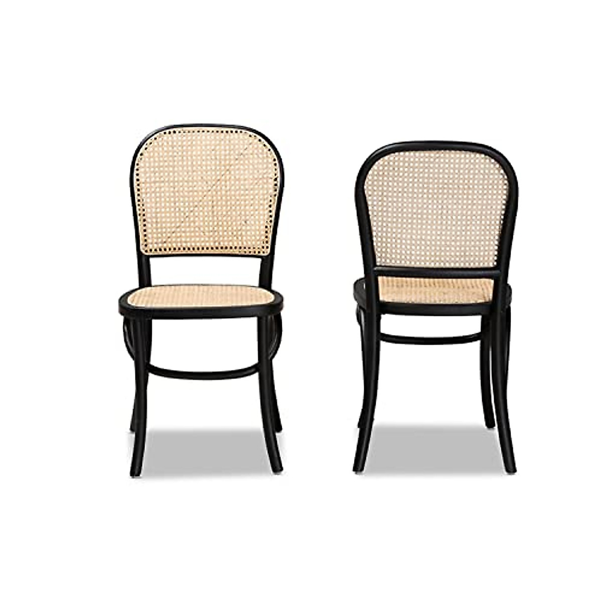 Baxton Studio Cambree Mid-Century Modern Brown Woven Rattan and Black Wood 2-Piece Cane Dining Chair Set