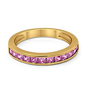 Blue Apple Co. Yellow Tone, Simulated Pink CZ Size-7 Half Eternity Band Wedding Engagement Ring Princess Cut Round Simulated Cubic Zirconia 925 Sterling Silver