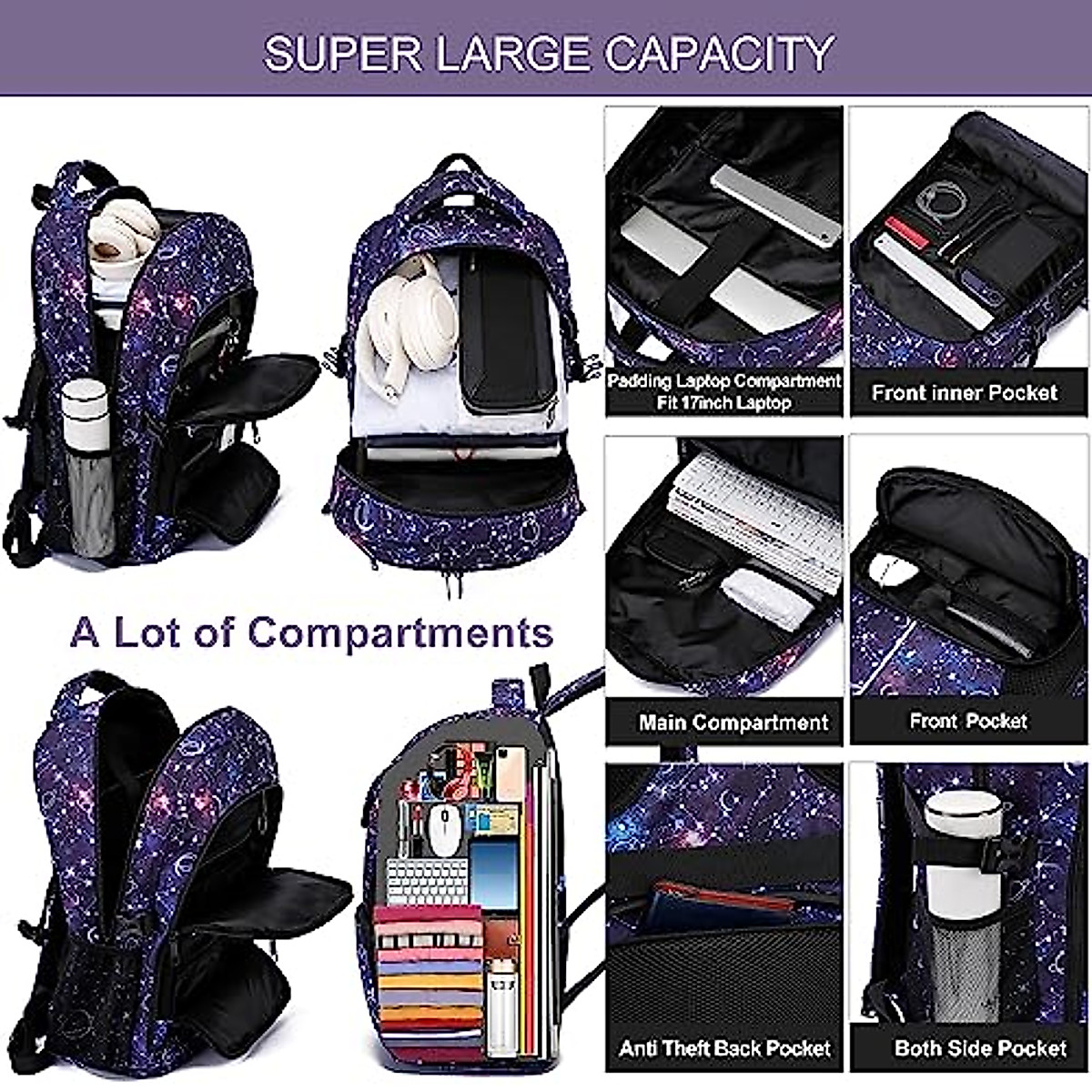 Laptop Backpack Bookbag for College Travel Business with USB Charging Port, Slim Laptop Backpack Work Bag, Anti Theft Durable Water Resistant Computer Bag Fit Laptop Up to 17.3 Inch, Galaxy - Purple