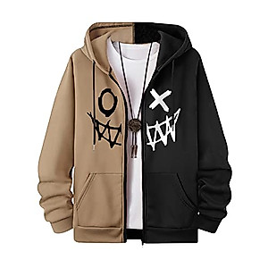 GORGLITTER Men's Color Block Long Sleeve Zip Up Hoodie Cartoon Graphic Drawstring Hooded Sweatshirt Tops Black and Khaki Large