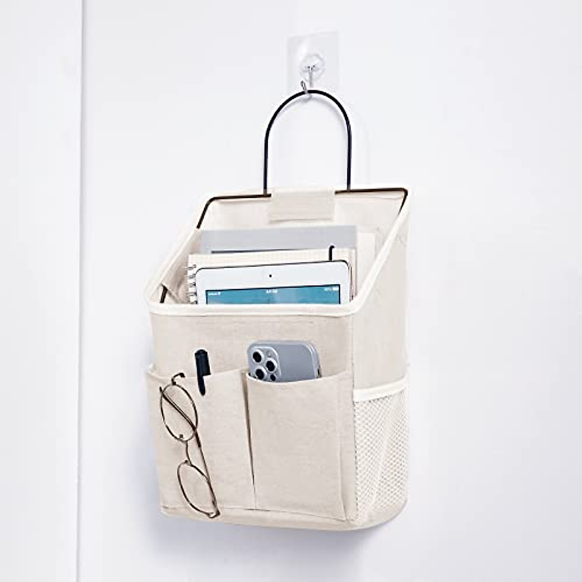Wall Hanging Storage Basket Bag with Free Hooks,Bedside Storage Caddy,Dorm Room Essentials(2PC,White)