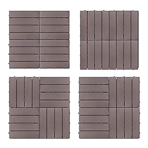 9 Pcs PE Interlocking Patio Deck Tiles, 12 x 12in 4-Slats Straight Pattern Floor Covering for Patio Shower Garden Balcony