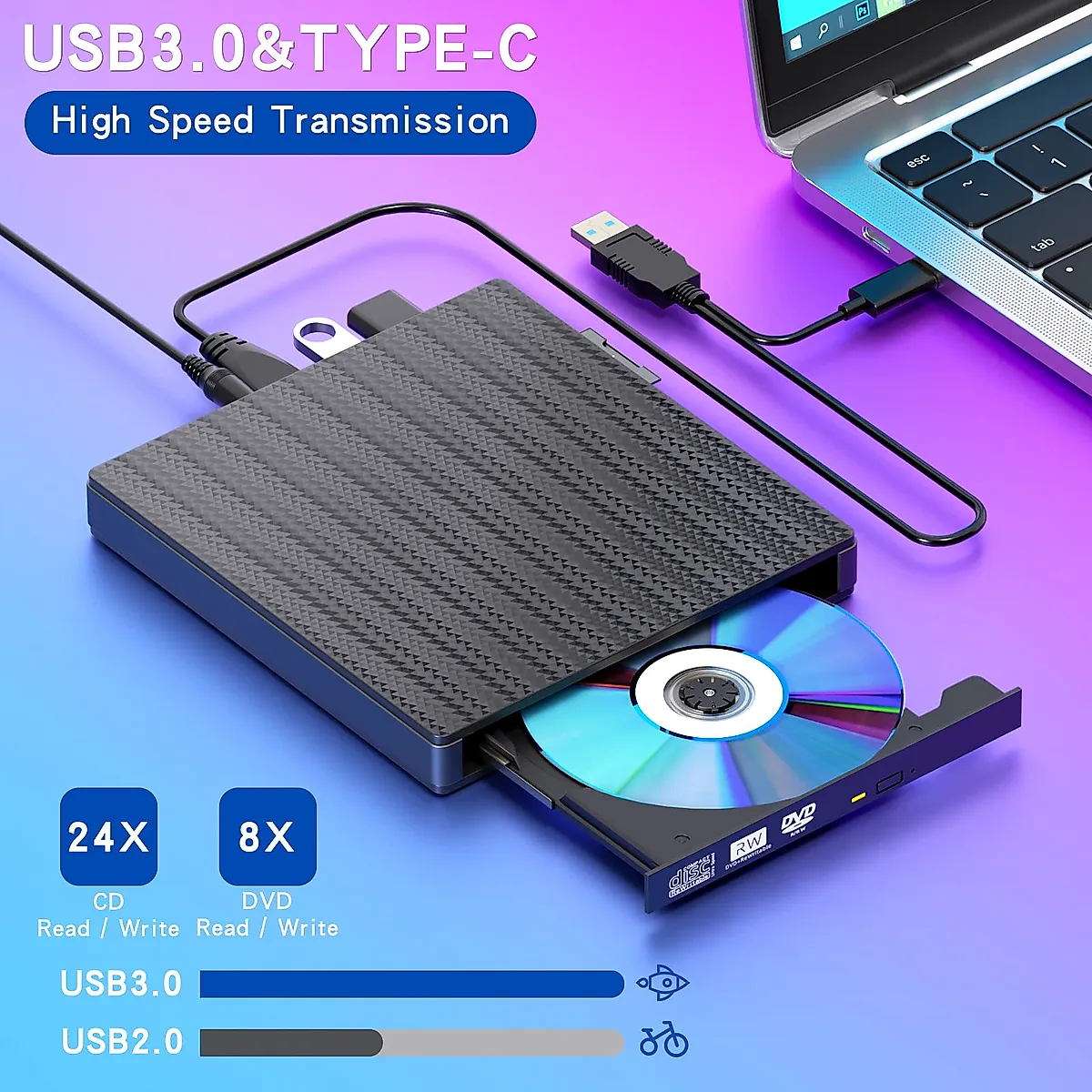 aelrsoch External CD/DVD Drive for Laptop DVD Driv with SD Card Slots Reader and 4 USB Ports, USB 3.0 Type-C CD/DVD Burner External Disk Drive Optical Compatible with Laptop Mac PC Windows 11/10/8/7