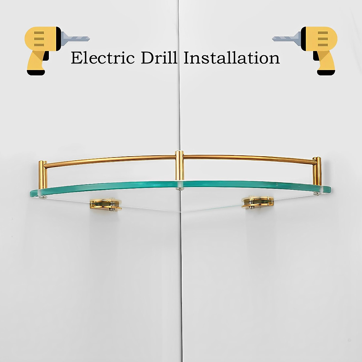 Paradmas Shower Corner Shelves 2 Pack - Bathroom Shower Caddy Tempered Glass Shelf with Rails SUS 304 Stainless Steel Wall Mounted Shower Organizer, 24cmx24cm 6mm, Gold