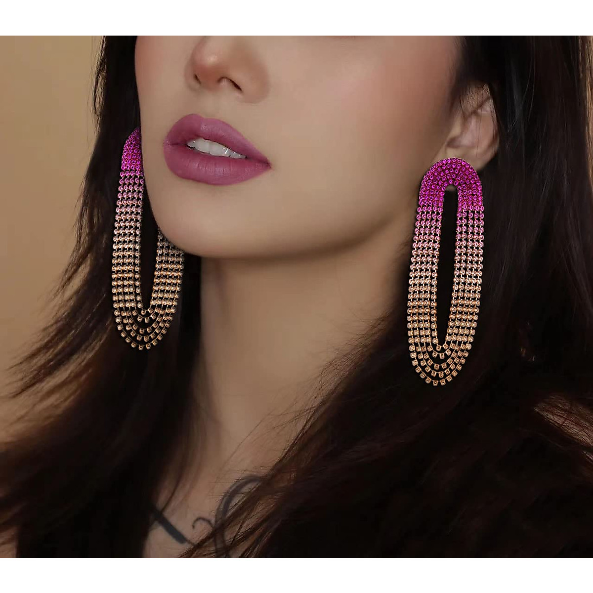 INLOLLY Pink Rhinestone Tassel Earrings for Women Sparkly Linear Fringe Crystal Dangle Earrings Long Shining Statement Dangling Chandelier Jewelry Fashion