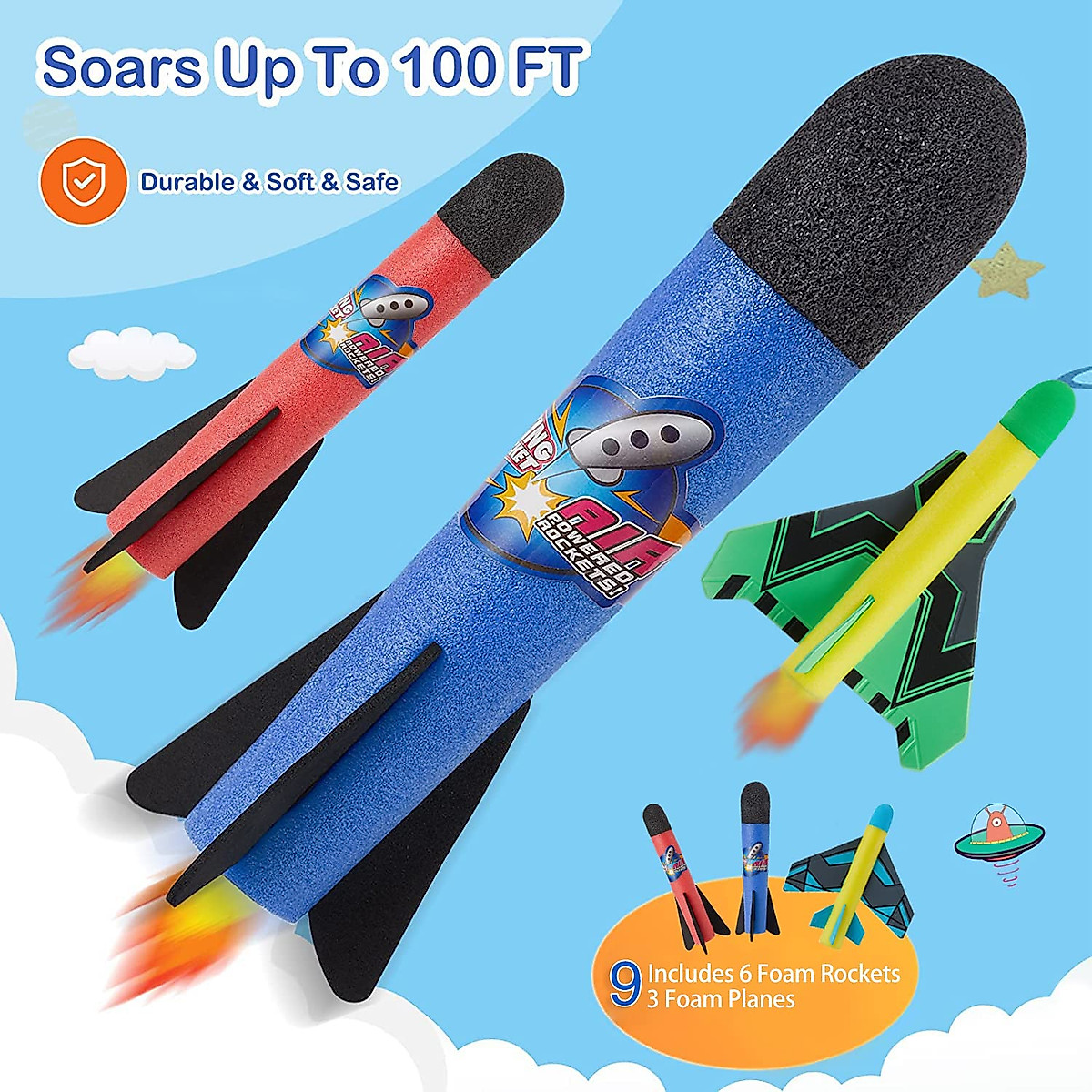 Rocket Toy Outdoor Rocket Launcher for Kids, Shoots Up to 100 Feet, 6 Colorful Rockets and 3 Planes with 2 Sturdy Launcher Toy Stand, Birthday Gift for Boys Girls Age 3-12