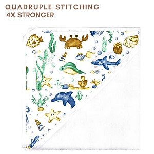 KloudBambu Hooded Baby Towel, Super Soft to Sensitive Skin, Ultra Absorbent, for Newborn, Infant, Toddler Girls and Boys, Seaworld Print