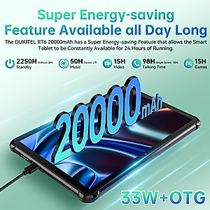 OUKITEL RT6 10.1in 20000mAH/77WH Android13 Tablet,14GB+256GB(1TB) 1200×1920 FHD+ Rugged Tablet,16MP+16MP Camera 8-core 4G LTE Waterproof Tablet/33W Fast Charging/OTG/Reverse Charge/T-Mobile/Wi-Fi