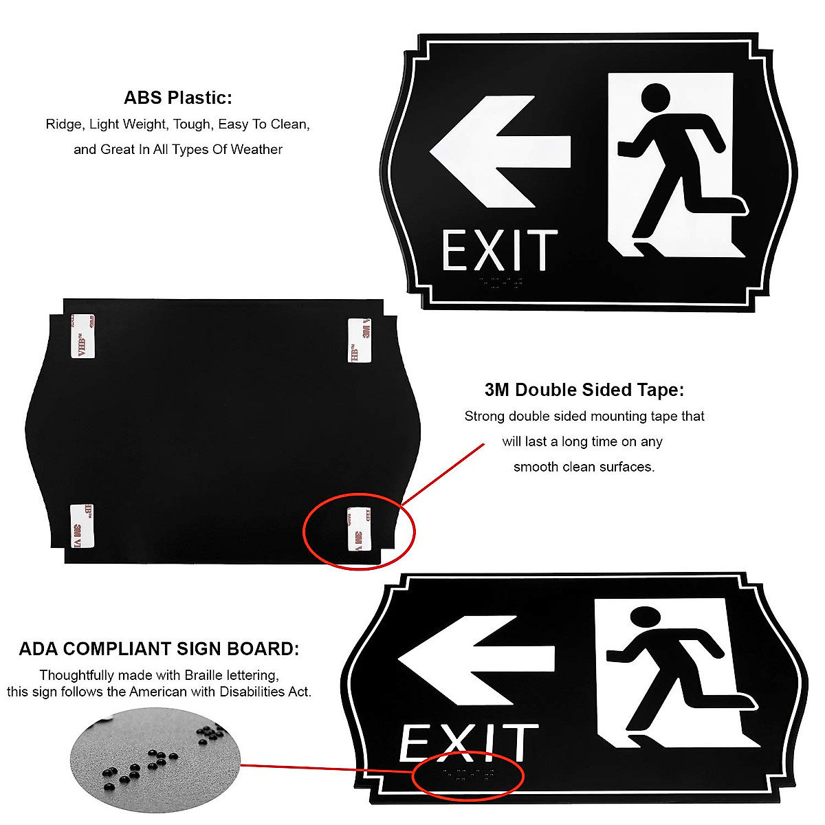 KickFire Classics Exit Sign Braille - ADA Compliant Black and White Signage, Self-Adhesive Mounted - Tactile Emergency Route Board for Office, Business, Stairwell, Home and Restaurant - Arrow Left