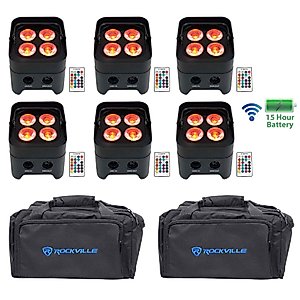 (6) Rockville BEST PAR 50 Rechargeable Par Wash Lights Wireless DMX+RGBWA+UV+Bag