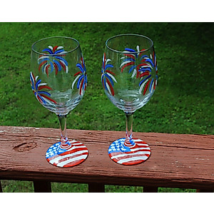 Fireworks USA American Flag Hand Painted Stemmed Wine Glasses Set of 2