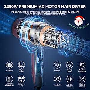 WADODO Hair Dryer, 2200W Professional Ionic Blow Dryer with Blue Ray Hair Care, Powerful Salon Fast Drying Constant Temperature Low Noise AC Motor Curly Hairdryer Blowdryer for Women Men(Black & Red)