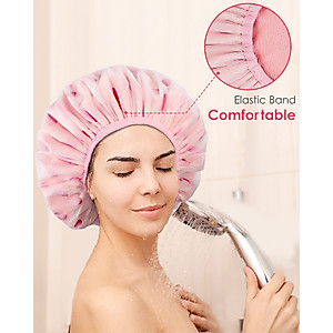 Auban Shower Cap, Shower Cap for Women Terry Cloth Lined EVA Exterior Reusable Double Layer Waterproof, Large Bath Hair Cap, Hotel Travel Essentials Accessories Cleaning Supplies(Pink)