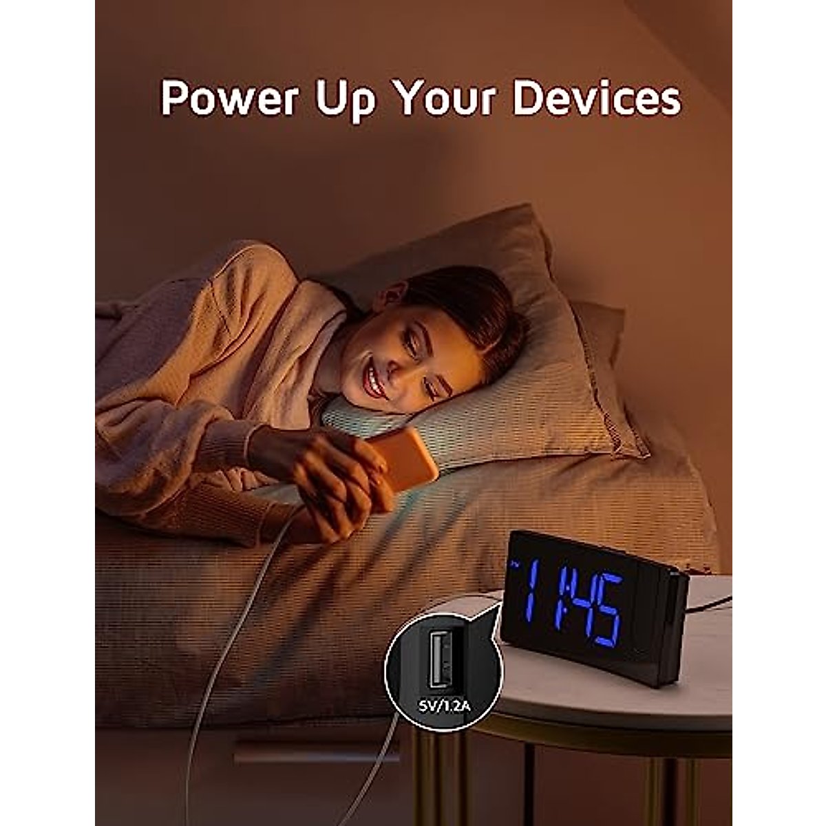 GOLOZA Projection Alarm Clock, Digital Clock with 180° Rotatable Projector, 3-Level Brightness Dimmer, Clear LED Display, USB Charger, Progressive Volume, 9mins Snooze,12/24H, for Bedroom