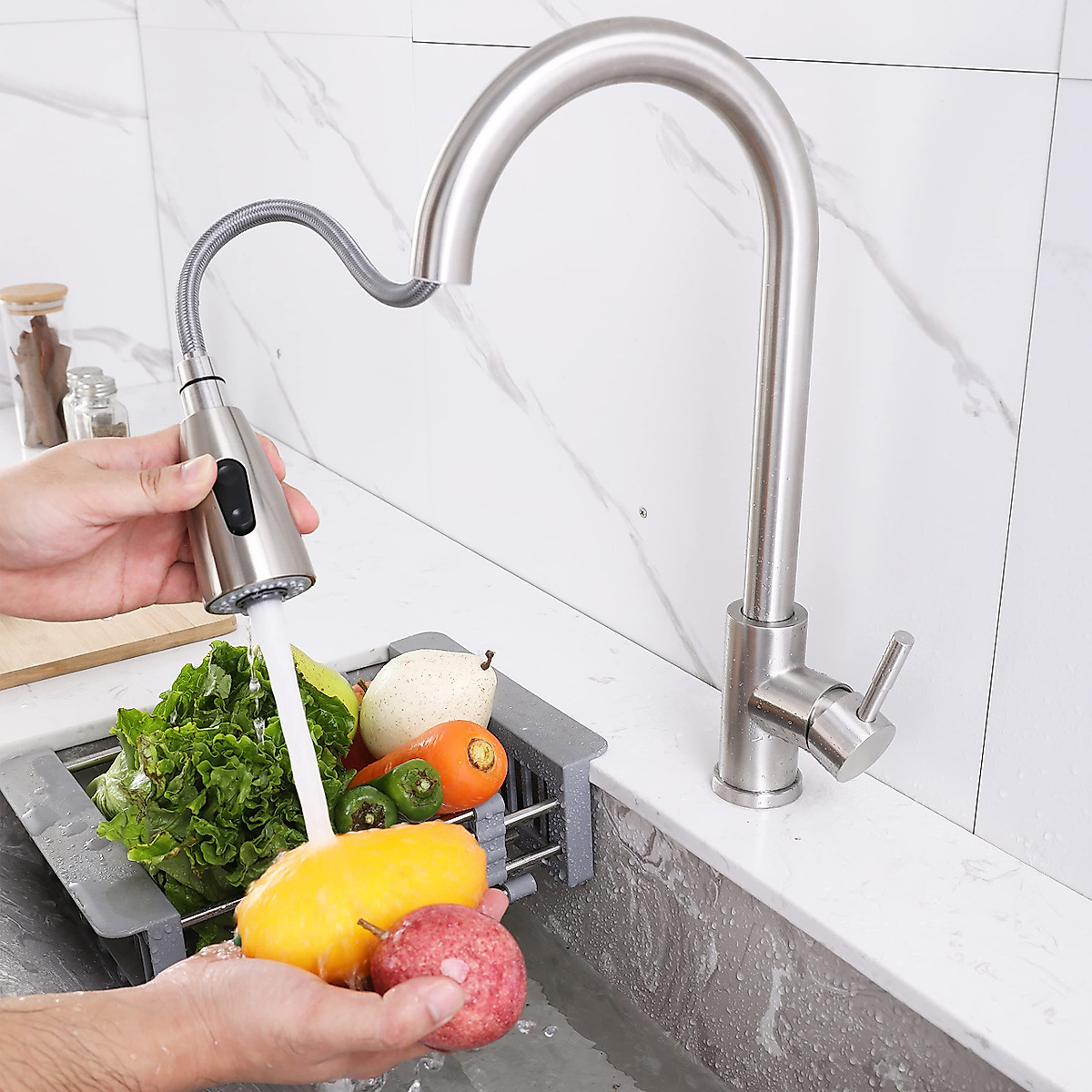 Kitchen Faucet Sprayer Head 3-Function Nozzle Spout G1/2 Connector Pull Down Pull Out Kitchen Tap Hose Sprayer Filter Sink Spray Head Replacement Part Brushed Nickel Black