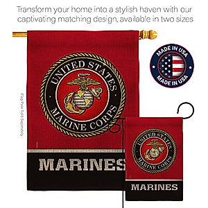 US MILITARY United State Burlap Garden Flag Set Wood Dowel Armed Forces Marine Corps USMC Semper Fi American Military Veteran Retire Official House Banner Small Yard Gift Double-Sided, Made in USA