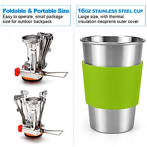 Odoland Camping Cookware Stove Carabiner Canister Stand Tripod and Stainless Steel Cup, Tank Bracket, Fork Spoon Kit for Backpacking, Outdoor Camping Hiking and Picnic,Green