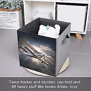 Retro Style Biplane PU Leather Collapsible Storage Bins Canvas Cube Organizer Basket with Handles
