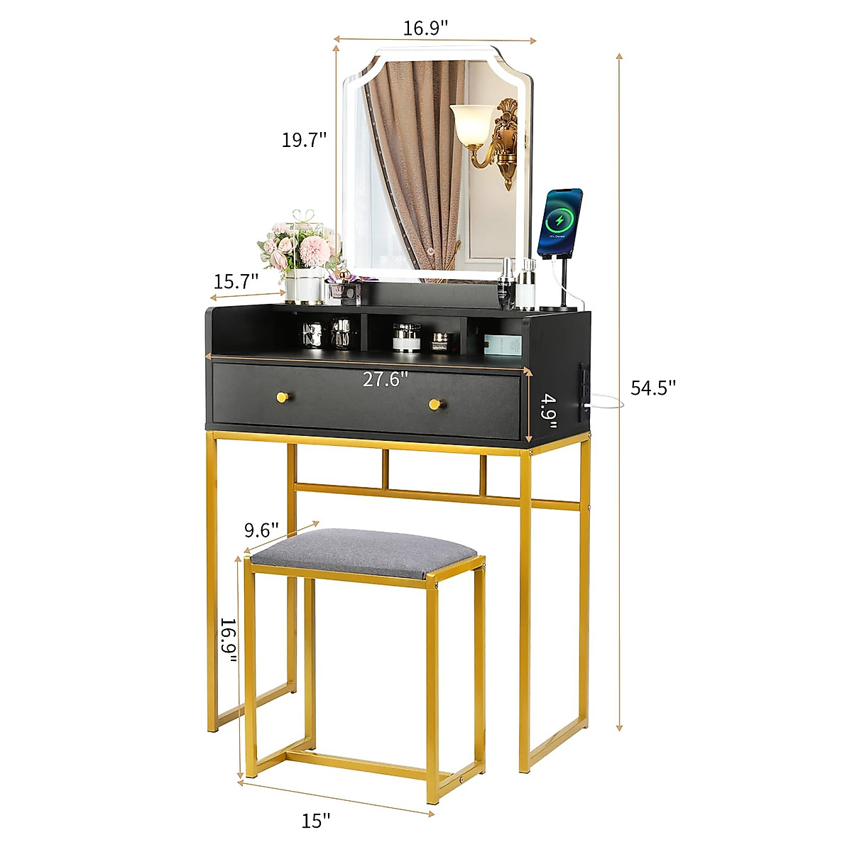 VOWNER Makeup Vanity Desk with Lighted Mirror, 3 Color Dimmable Vanity Table Set for Bedroom with Power Outlet, Drawer & Cushioned Stool, Black, VOWNER-172