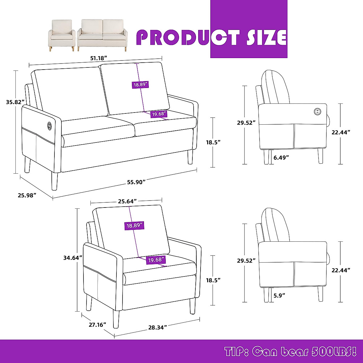 TYBOATLE Modern Living Room Sectional Sofa Sets 2 Piece, 55” W Upholstered Loveseat Couch w/ 2 USB Charging Ports and 2 Comfy Accent Arm Chairs for Small Space, Apartment, Office (Dark Grey)