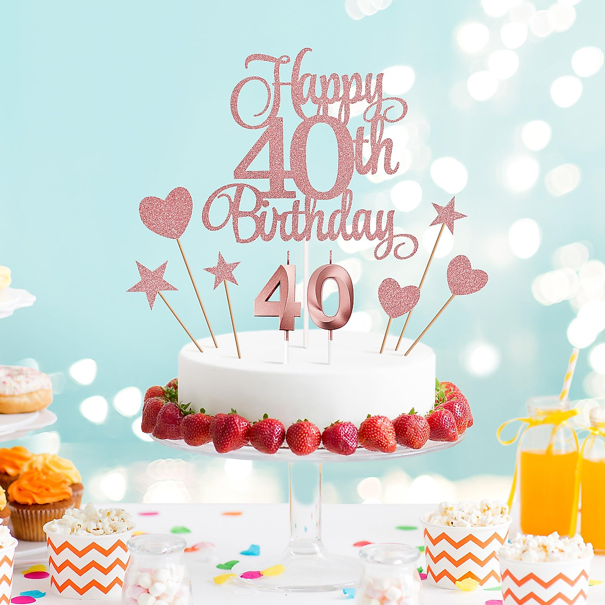 Lecferrarc 40th Birthday Cake Decorations, 40th Birthday Candles Cake Numeral Candles and Glitter Happy 40th Birthday Cake Toppers Set for Birthday Party Supplies (Rose Gold)