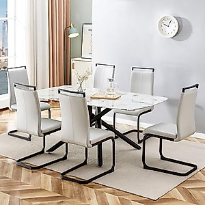 71" Modern Kitchen Rectangular Glass Dining Table, Imitation Marble Black Table top and Gold Metal Legs, Fiber Tempered Glass, Living Room Glass Table, Conference Room Glass Table (White + Black)