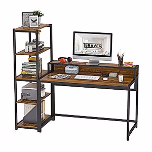 Teraves Computer Desk with 5 Tier Shelves,Reversible Writing Desk with Storage 41 Inch Study Table for Home Office Independent Bookcase and Desk for Multiple Scenes (Desk+Shelves(41in), Teak)