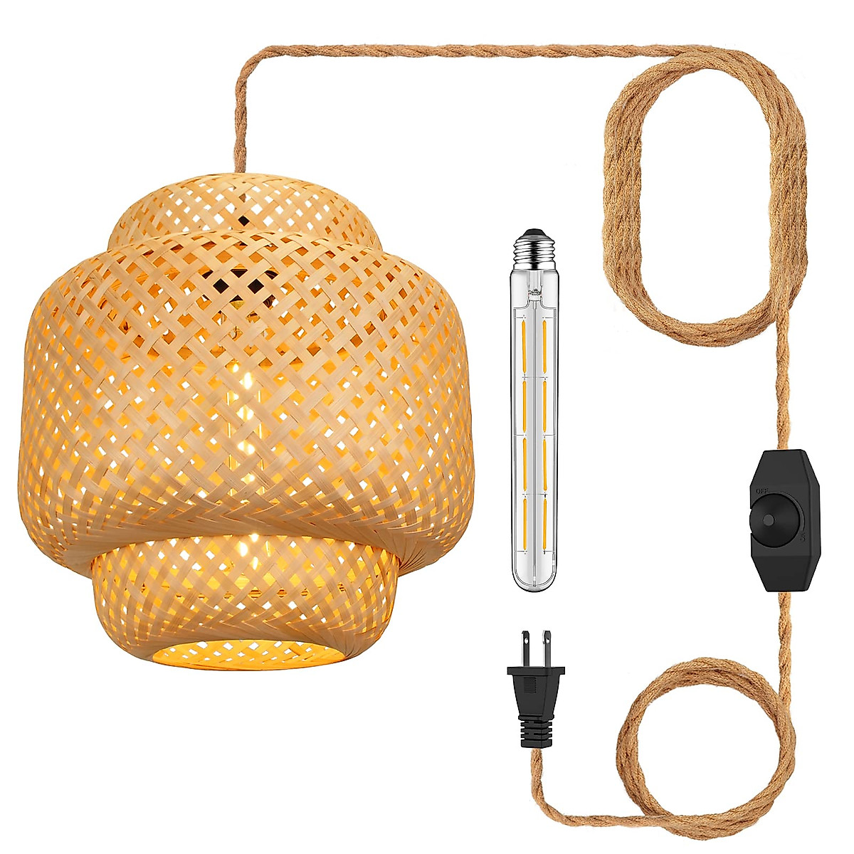 YIIZON Plug in Pendant Light Hanging Lamp with Handmade Bamboo Lampshade Dimmer Switch Boho Modern Rustic Country Natural Basket Hanging Light with Plug in Cord
