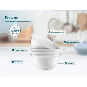 KooK 41 Oz Large Deep Bowls, Ceramic White Bowl for Noodle, Ramen, Pasta, Cereal, Fruit Porcelain kitchen, Microwave and Dishwasher Safe, 7.5 Inches, Set of 4,