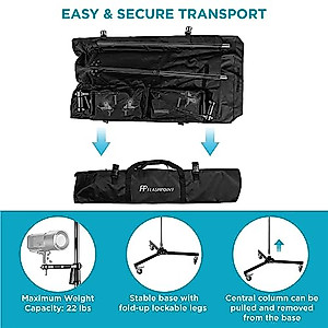 Flashpoint RB-PG Steel Wheeled Pistol Grip Heavy Duty Light Stand for Photography w/Sliding Arm & Chrome-Plated Column Stand, Max. Height 6.5' Max. Load 22 Lbs, Suitable for Light Stand Photography