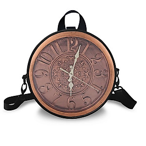 Salabomia Retro Vintage Clock Print Round Crossbody Tote Handbag for Women, Brown PU Women's Shoulder Handbags, Portable Durable Clutch Purse for Travel Work