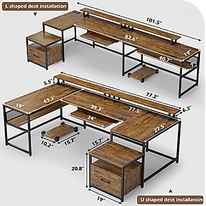 SEDETA U Shaped Desk, Reversible L Shaped Home Office Desk with File Drawer & Power Outlet, 101.5'' Computer Two Person Desk with Monitor Shelf, Keyboard Tray, Gaming Desk, Rustic Brown