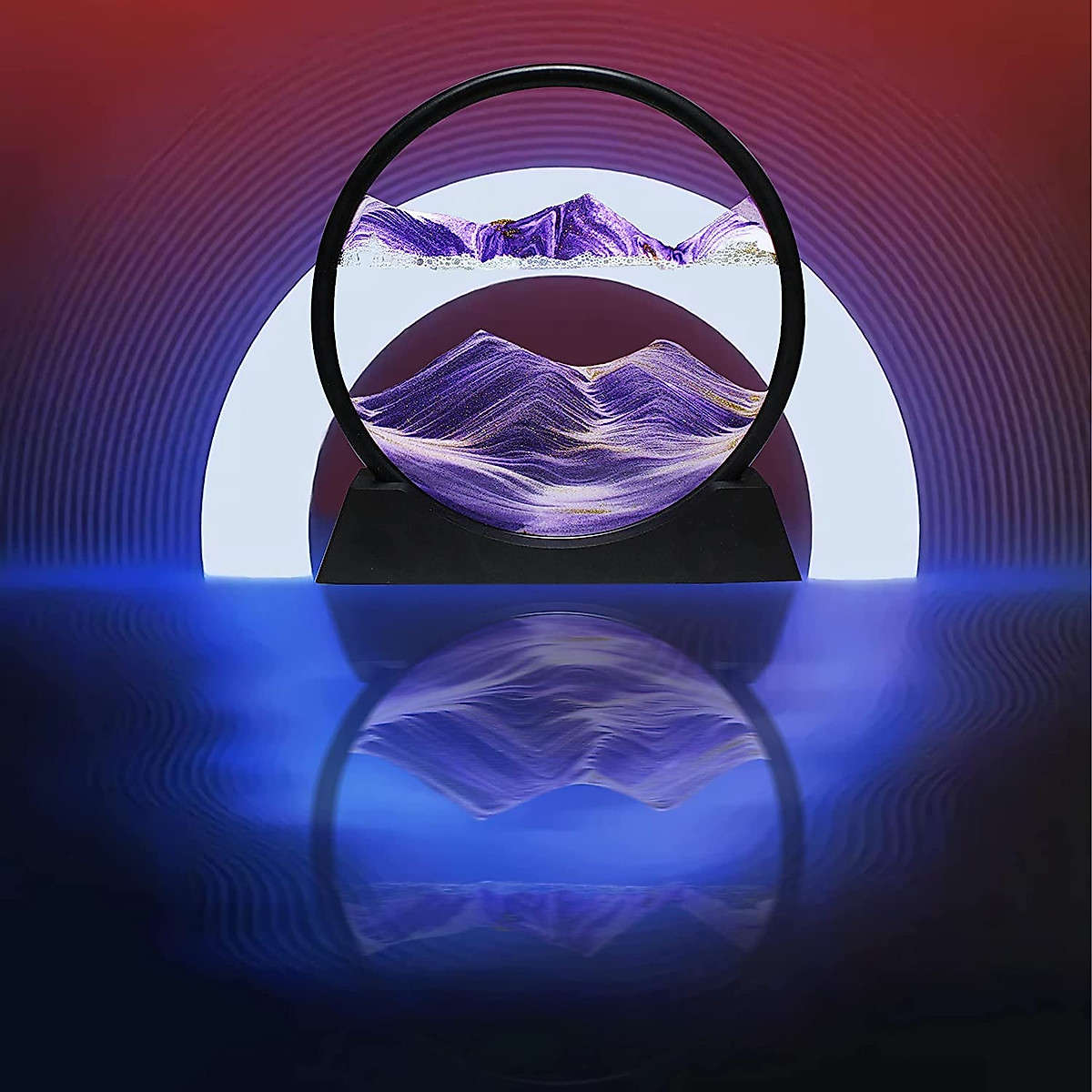 ANXUS Moving Sand Art Picture in Motion Round Glass 3D Deep Sea Sandscape Display Flowing Sand Frame, Sensory Relaxing Desktop Home Office Work Desk Decor(7", Purple)