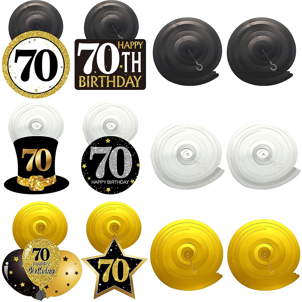 70th Birthday Party Decorations for Men Cheers Birthday Banner Black Gold Balloons Hanging Swirls Honeycomb Centerpieces and Disposable Tablecloth for Men Women 70th Birthday Decorations