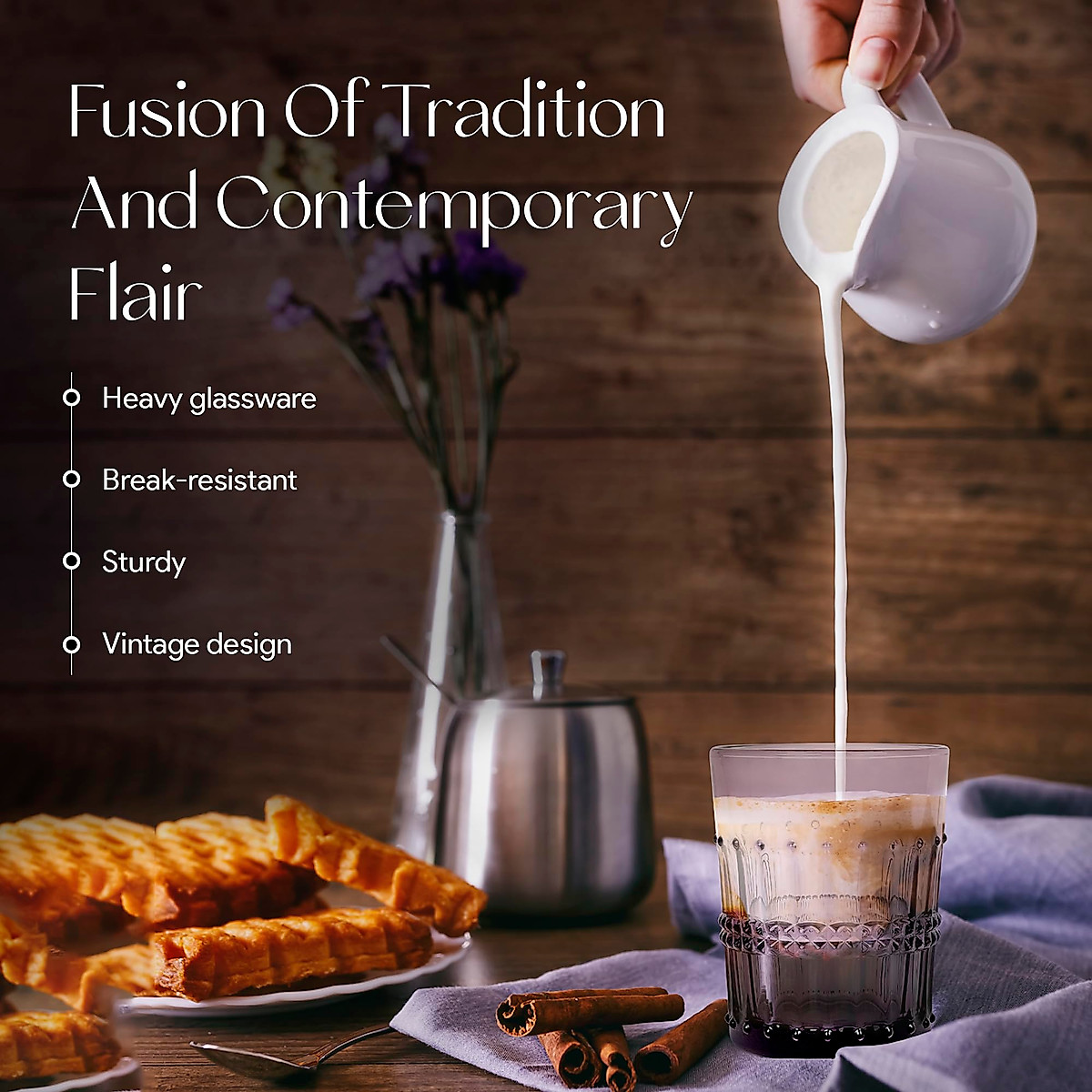 American Atelier Vintage Old Fashion Whiskey Glasses, 10 Oz, Romantic Water Tumblers, Barware Glasses for Scotch, Bourbon, or Cocktails, Embossed Purple Beaded Glasses-Set of 4