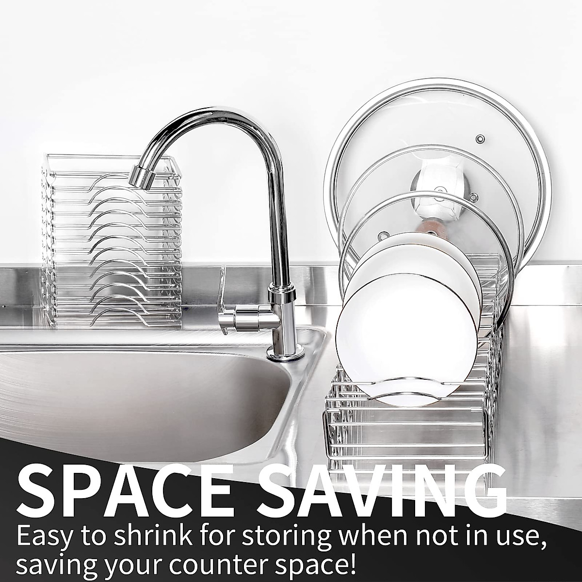 YYP Small Dish Drying Rack Expandable Dish Drying Rack Over The Sink, Plate Organizer for Cabinet or Countertop, Premium 304 Stainless Steel, Rustproof, for Kitchen, Small Space, RV