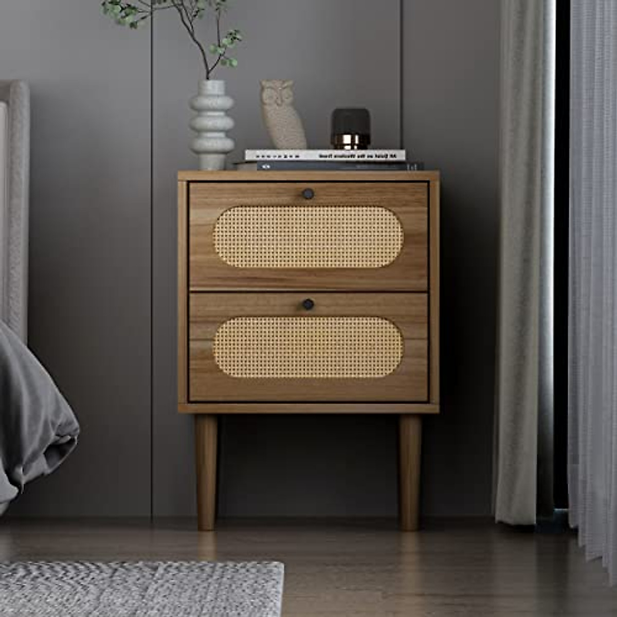 Modern Walnut Nightstand with 2 Drawers Rattan Side Table End Table with Storage Set of 2 Elegant Wood Square Bedside Tables for Bedroom Living Room Small Space(2-Pack)