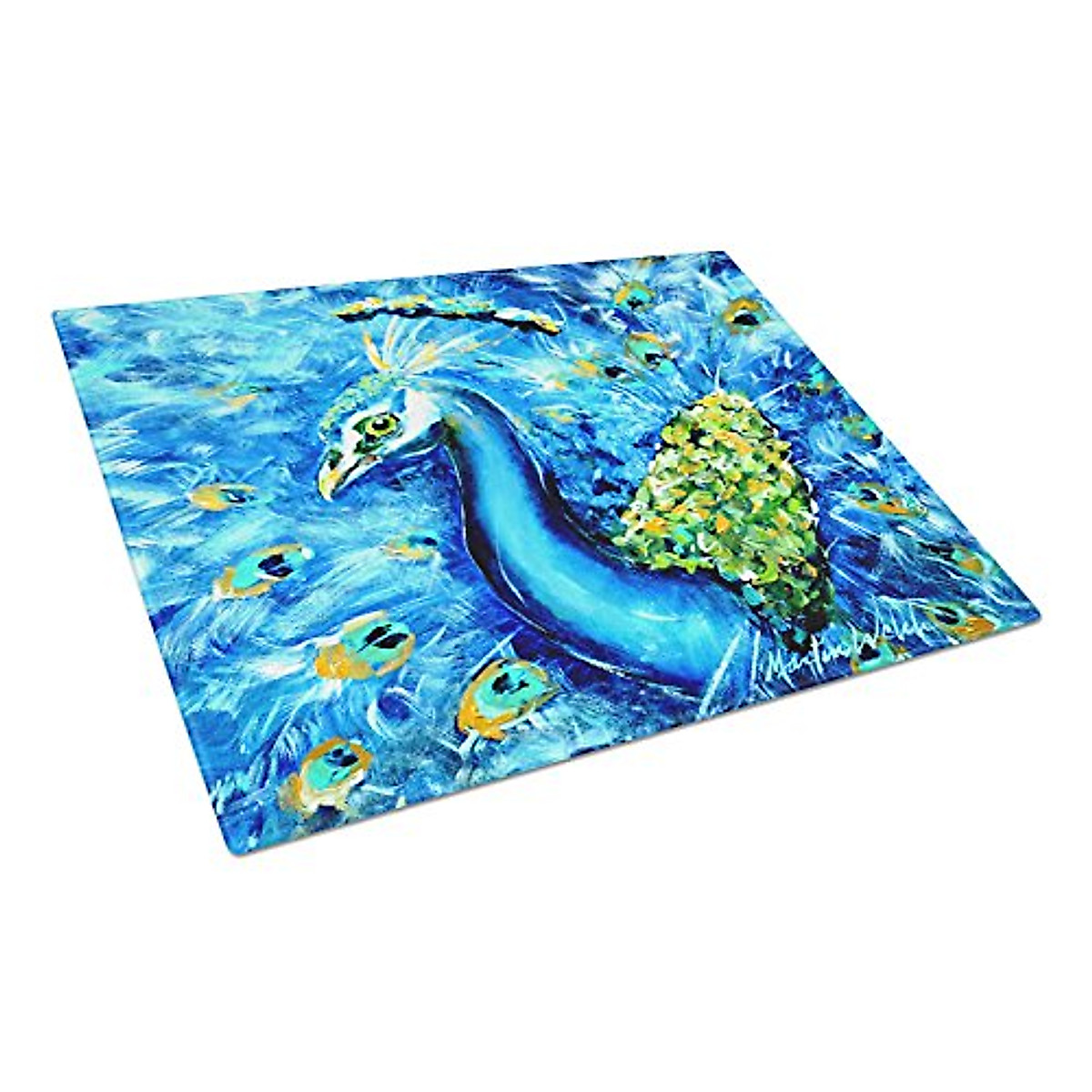 Caroline's Treasures MW1166LCB Peacock Straight Up in Blue Glass Cutting Board Large Decorative Tempered Glass Kitchen Cutting and Serving Board Large Size Chopping Board
