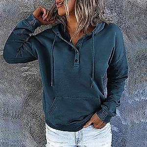 DESKABLY Womens Fashion Hoodie 2023 Button Collar Pullover Drawstring Hooded Sweatshirt Casual Long Sleeve Tops Fall Clothes