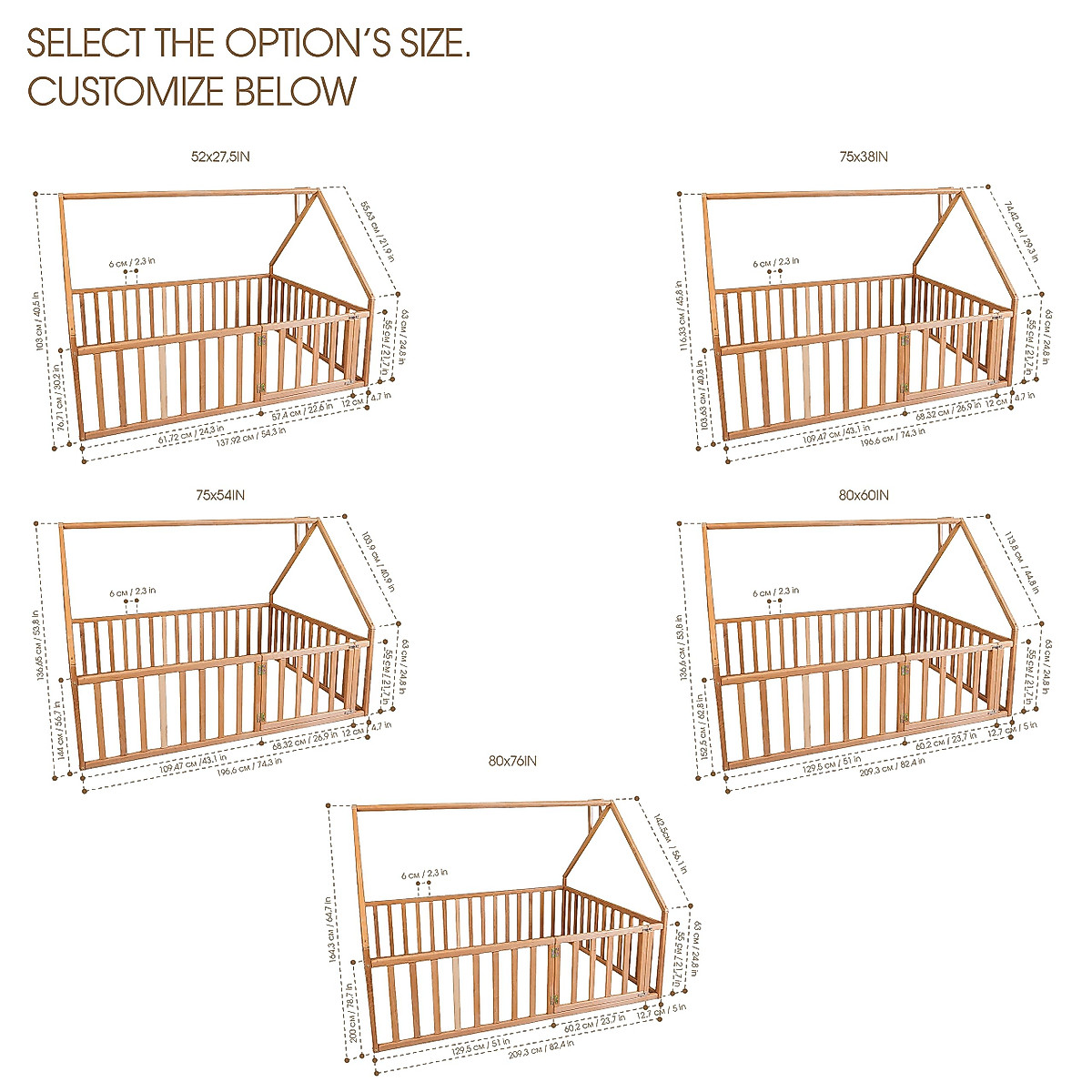 BUSYWOOD House Wooden Playpen - Montessori Floor Bed with Safe Gate - Toddler Bed - Floor Bed - Frame with Fence and Door - Toddler Bedroom Furniture - Full, Twin, Queen, King size (Model 6)