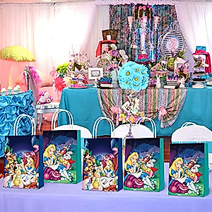 16 Pcs Alice in Wonderland Party Paper Gift Bags, 2 Styles Party Favor Bags with Handles for Alice in Wonderland Party Decorations, Goody Bags Candy Gift Bags for Girls Boys Birthday Party Supplies Favors