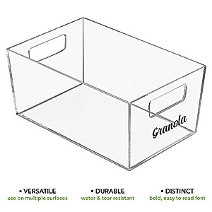 mDesign Small Plastic Kitchen Storage Container Bin, Handles for Organization in Pantry, Cabinet, Refrigerator, Freezer - Hold Food, Drink, Snacks, Prism Collection, Includes 2 Bins, 32 Labels, Clear