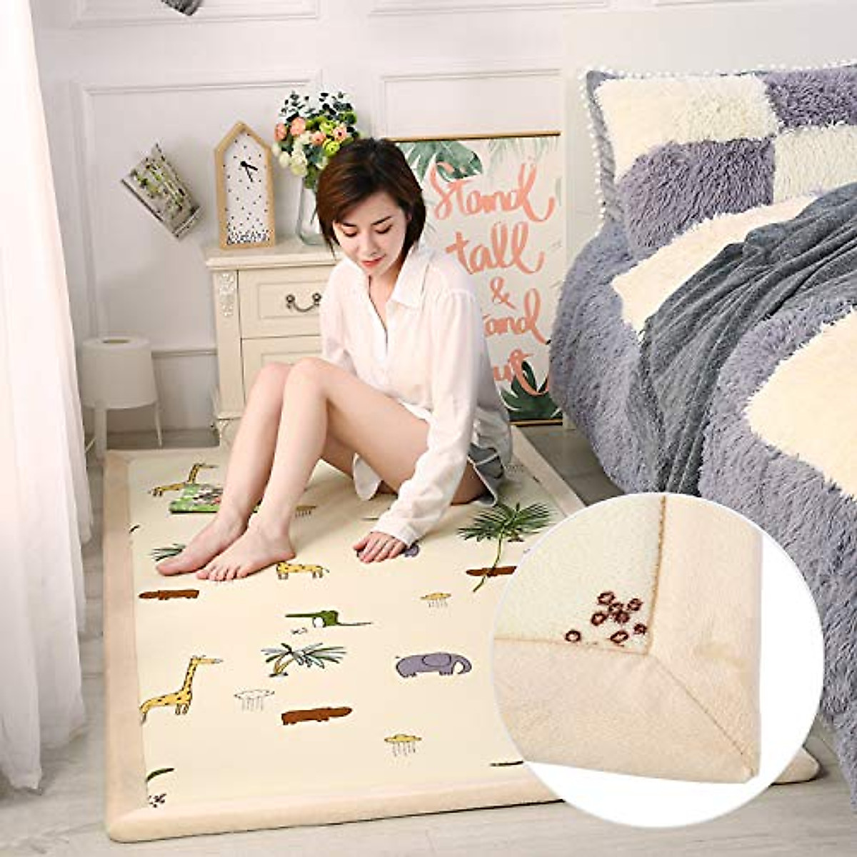 Loartee Kids Play Area Rug - 1.2" Soft & Thick Coral Velvet Nursery Rug, Crawling Mat for Toddler, Jungle Animals Play Mat, Non-Toxic & Anti-Skid, Light Yellow, Size:5.0'x5.0'(About 150x150cm)