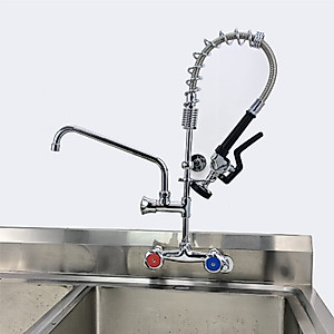 MaxSen Commercial Faucet with Sprayer Wall Mount Faucet Adjustable 4"-8" Center Commercial Kitchen Sink Faucet Pre Rinse Faucet with Spray Valve 25" Height and 12 inch Add on Spout Chrome Finsh