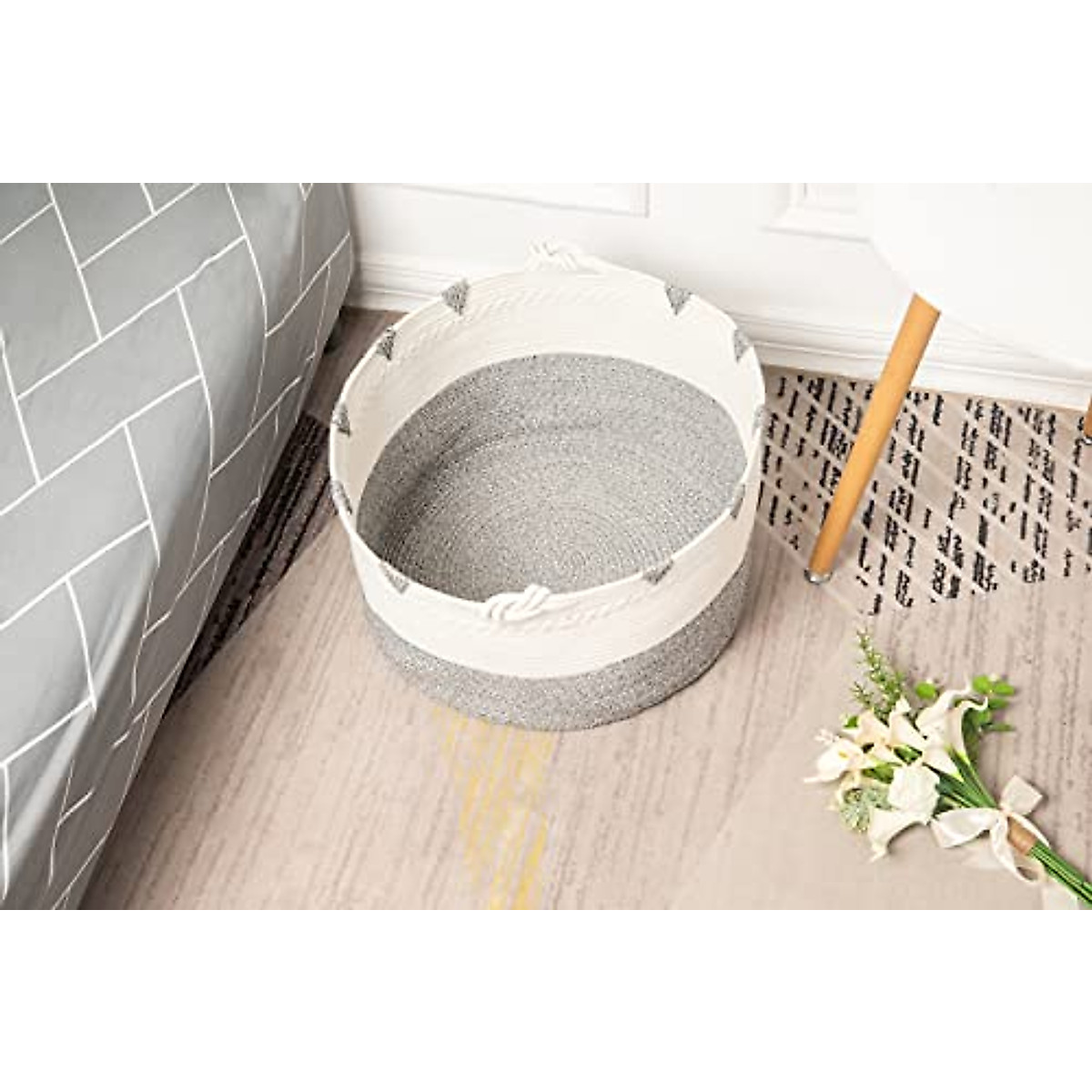 Decospark XXXL Cotton Rope Basket For Toy And Blanket Storage| 21.7" x 13.8" | Soft Long Handles | Decorative Home Organizer Ideal For Living Room, Baby Clothes And Laundry (Grey and White)