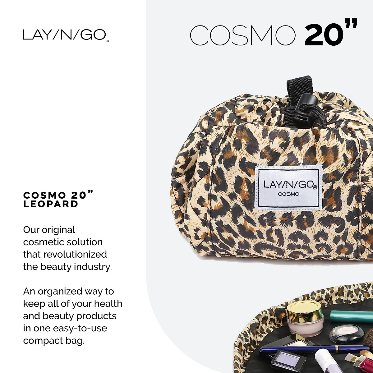 Lay-n-Go Cosmo Drawstring Cosmetic & Makeup Bag Organizer - Portable Drawstring Makeup Bag w/Zipper Pocket, Makeup Loops & More - Durable, Machine Washable Makeup Bag for Travel (20”, Leopard)
