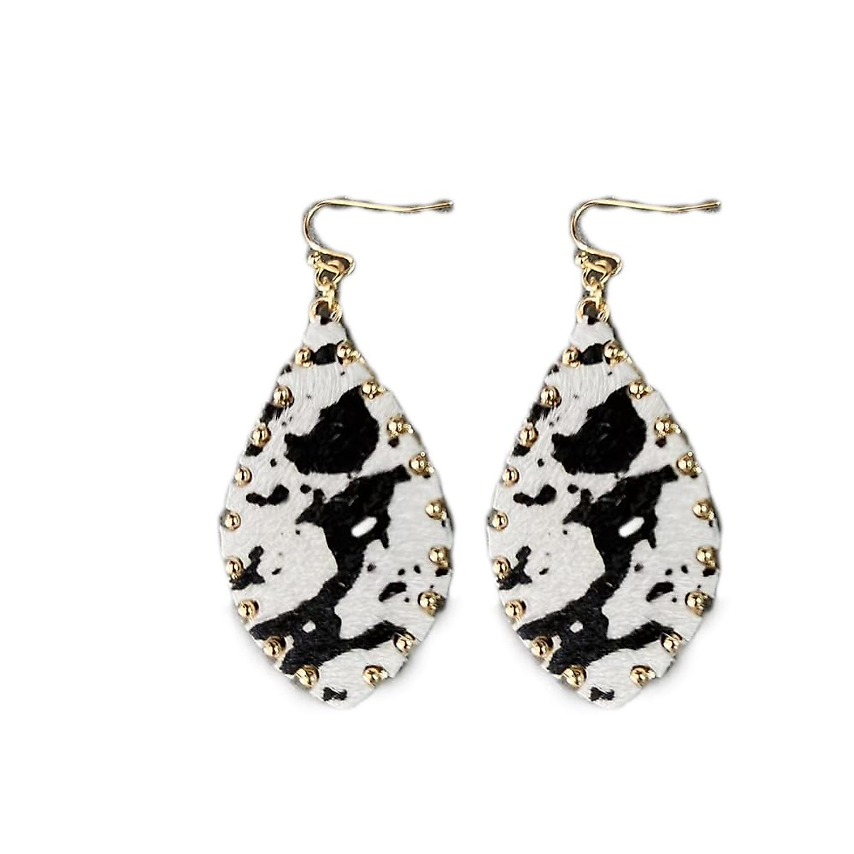 Faux Leather Cow Print Teardrop Leaf Drop Dangle Earrings Floral Hook Star Round for Women Lightweight Handmade Aesthetic Jewelry-Black Layered